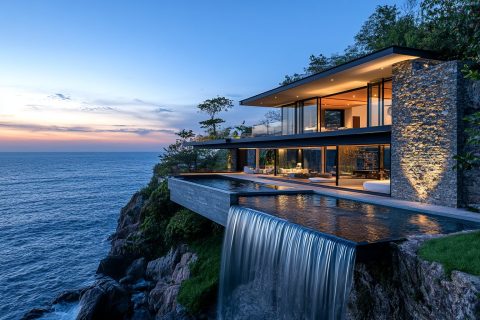 Seafront Homes with Modern Waterfalls