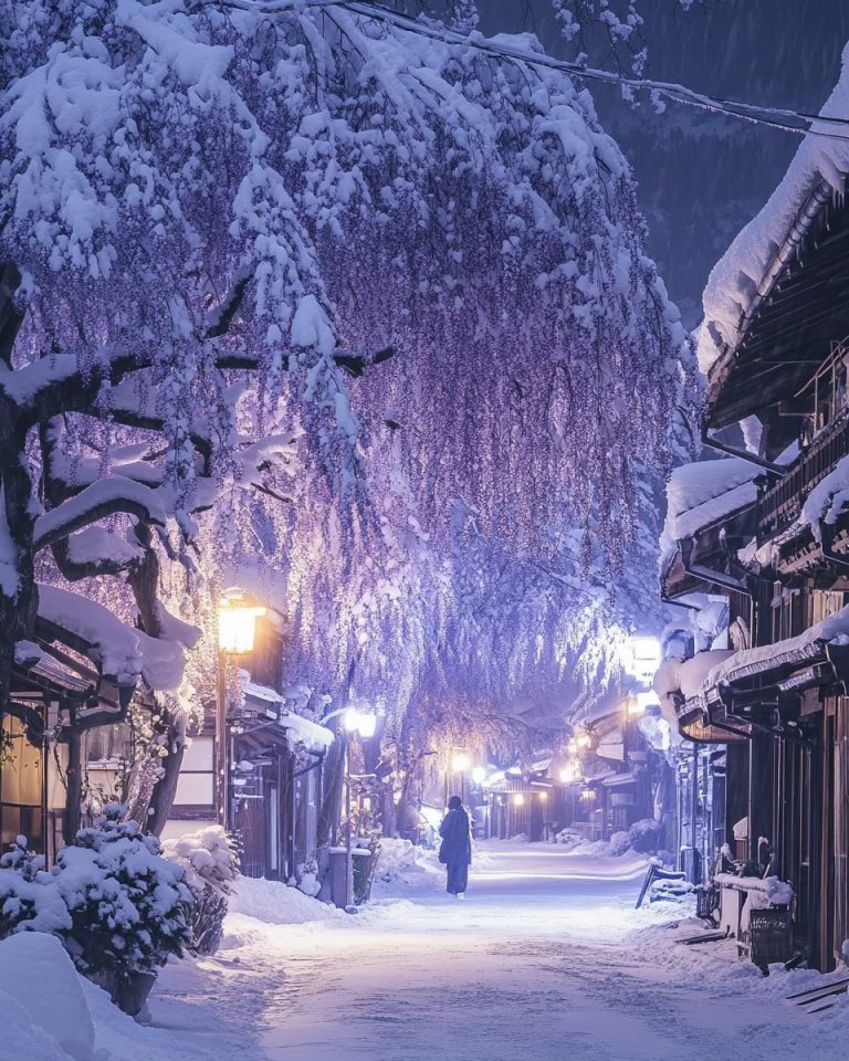 Walking through a Snowy Japanese Village of Wisteria