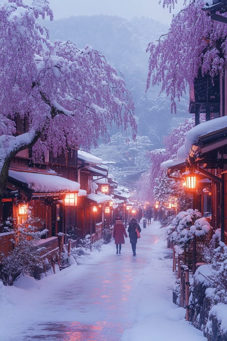 Walking through a Snowy Japanese Village of Wisteria