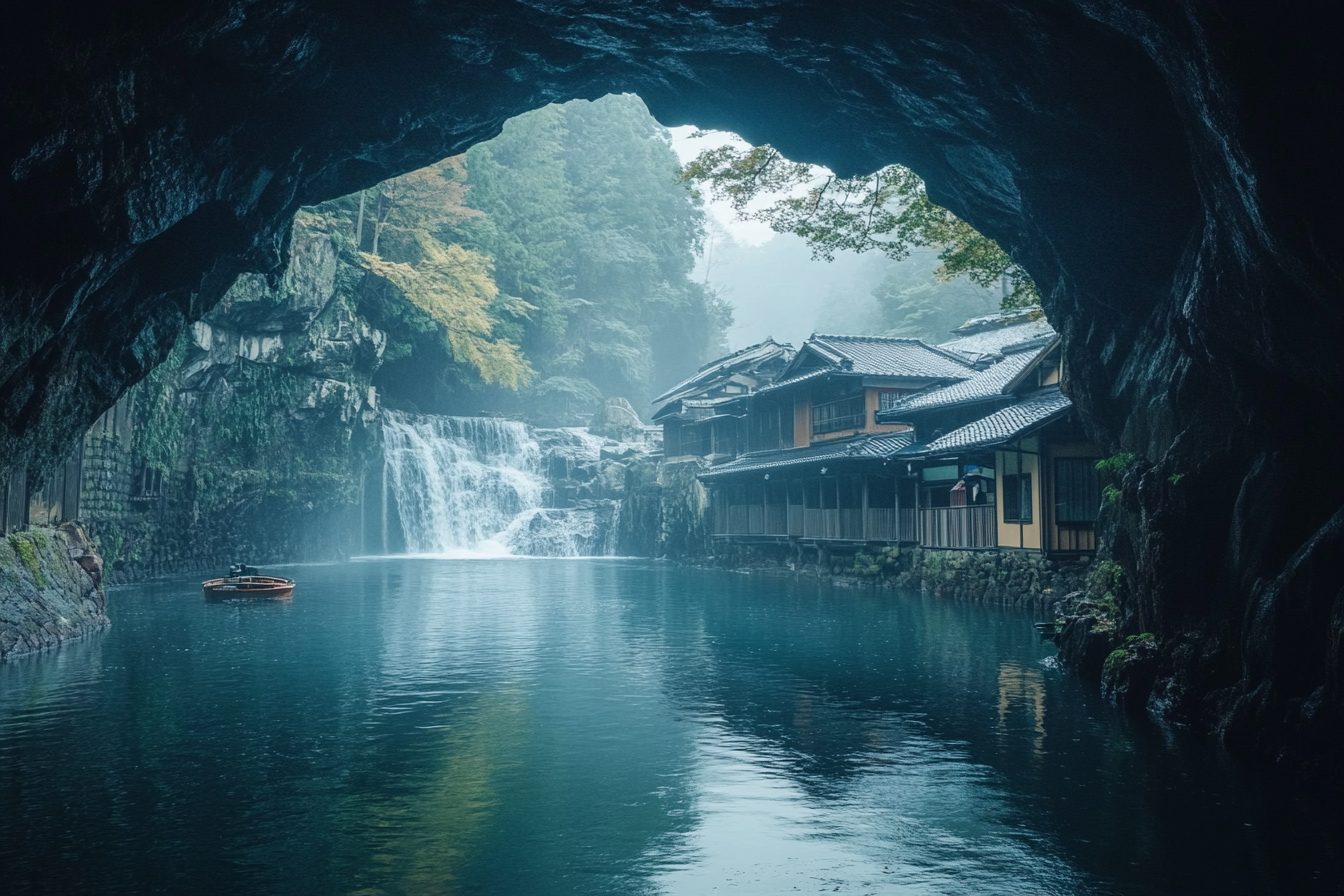 Cave Tunnel Leading to a River Village in Japan