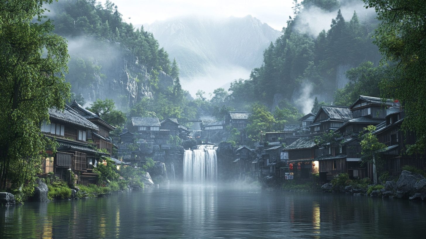 Cave Tunnel Leading to a River Village in Japan