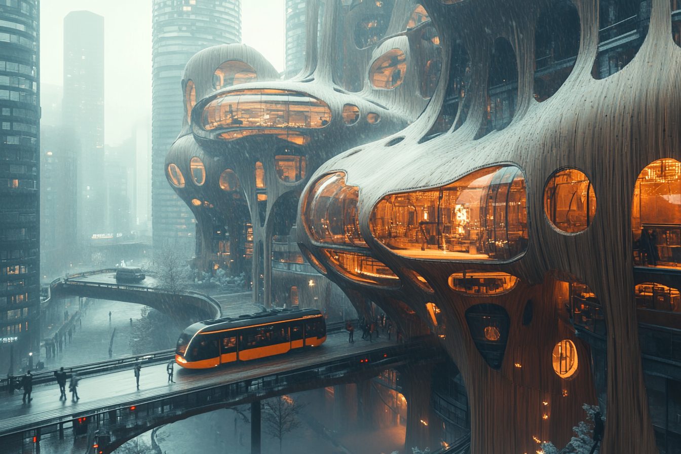 Futuristic Cityscapes with Wood Accents