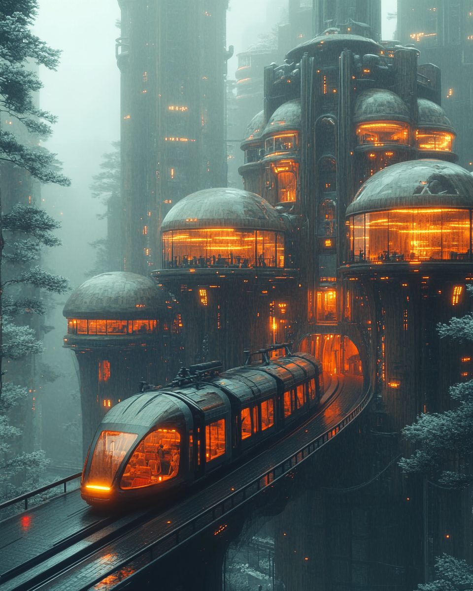 Futuristic Cityscapes with Wood Accents