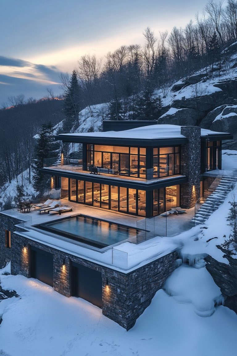 Snow-Covered Modern Homes with Beautiful Skies