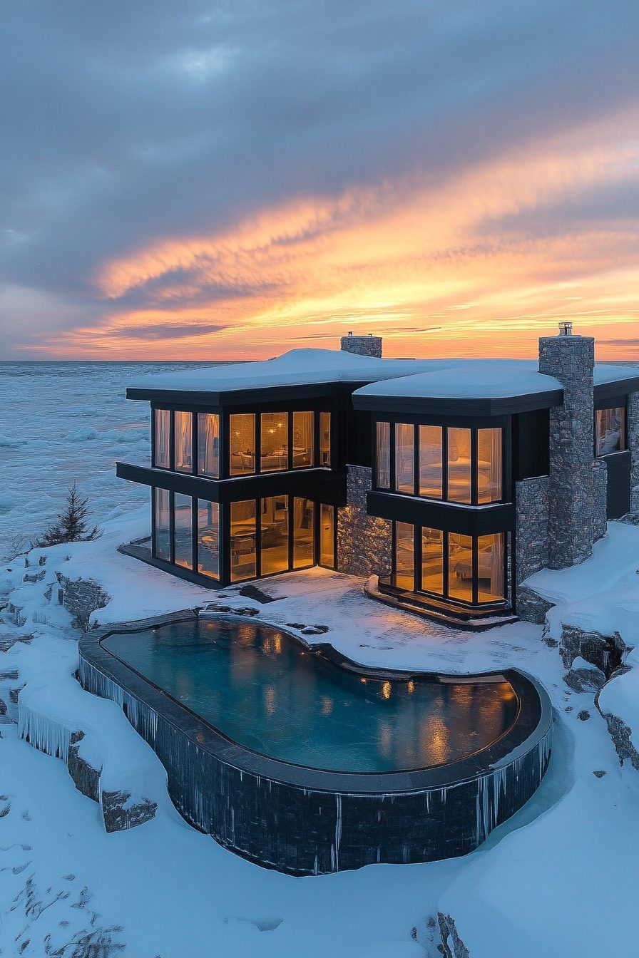 Snow-Covered Modern Homes with Beautiful Skies