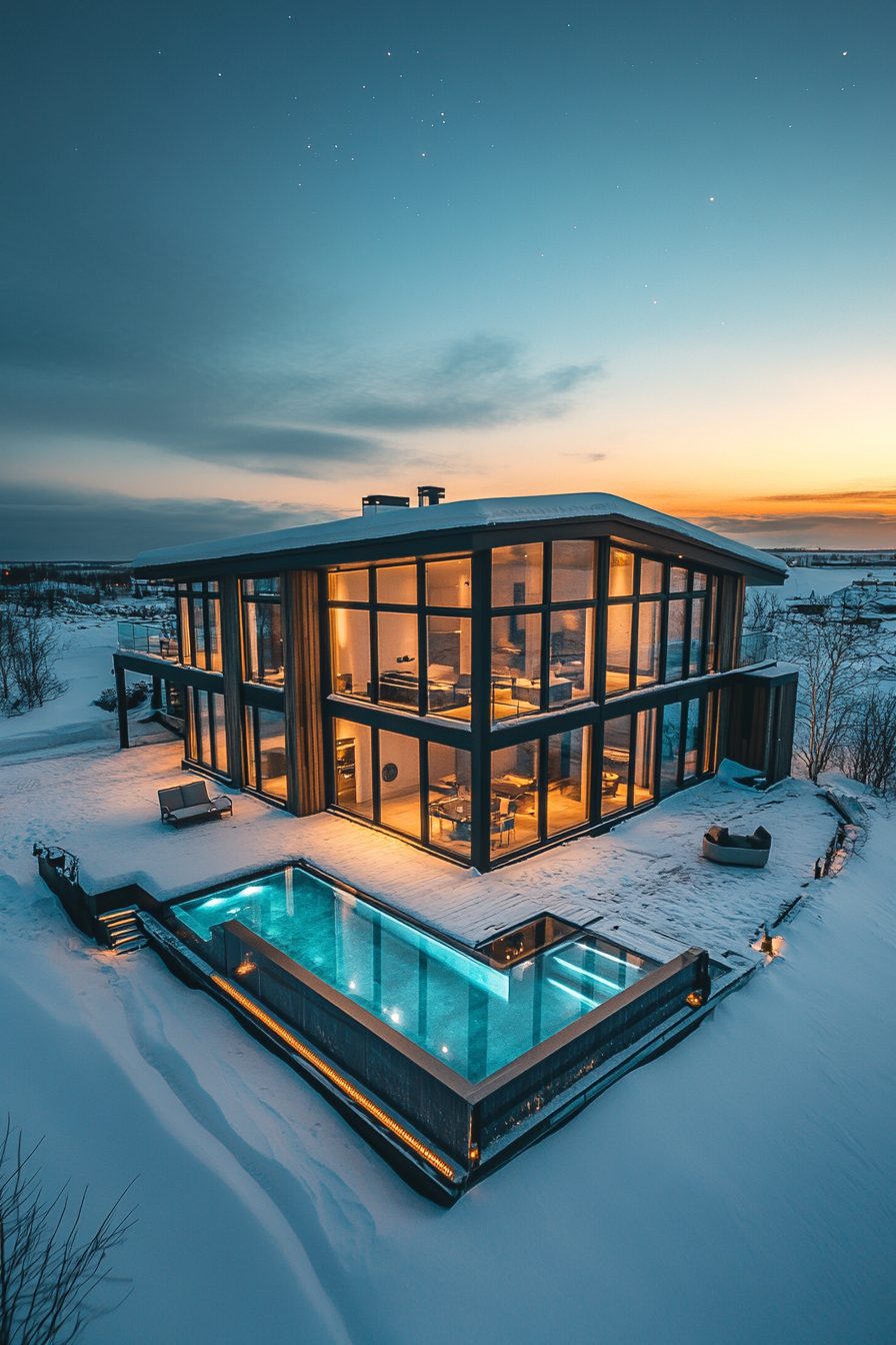 Snow-Covered Modern Homes with Beautiful Skies