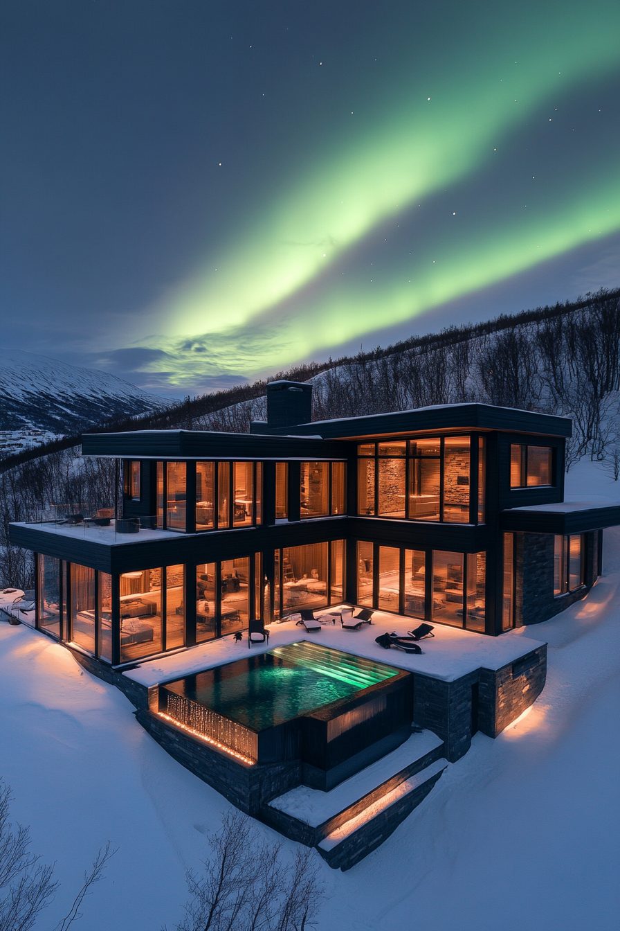 Snow-Covered Modern Homes with Beautiful Skies