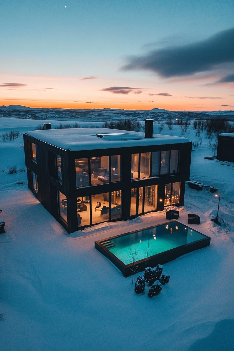 Snow-Covered Modern Homes with Beautiful Skies