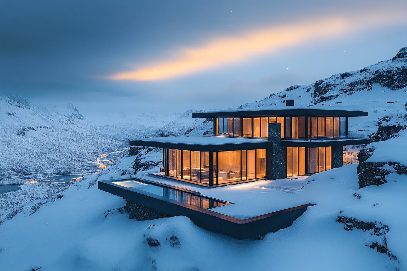 Snow-Covered Modern Homes with Beautiful Skies