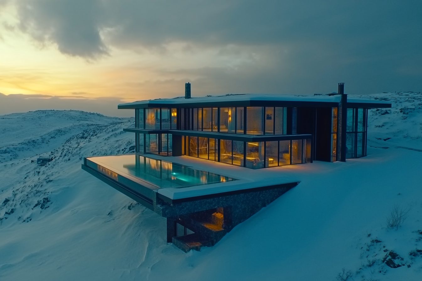 Snow-Covered Modern Homes with Beautiful Skies