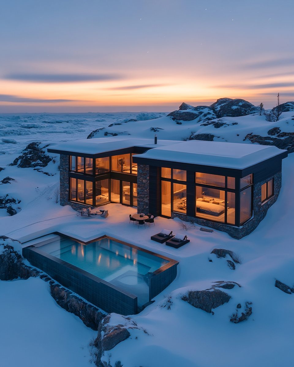 Snow-Covered Modern Homes with Beautiful Skies