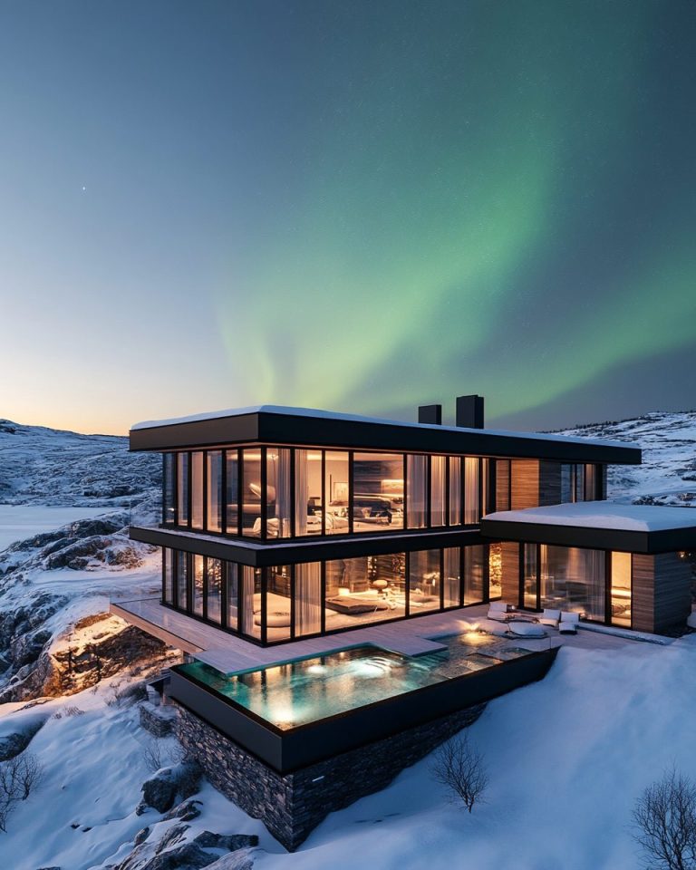 Snow-Covered Modern Homes with Beautiful Skies