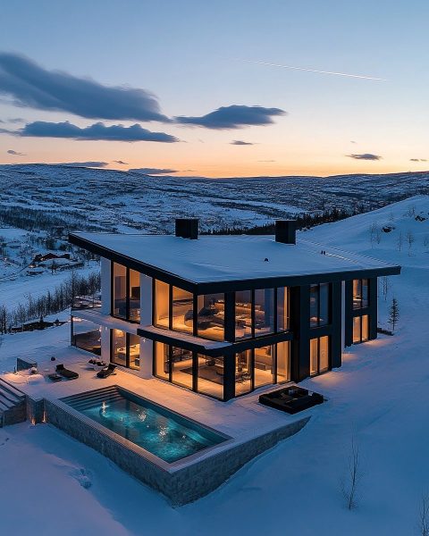 Snow-Covered Modern Homes with Beautiful Skies