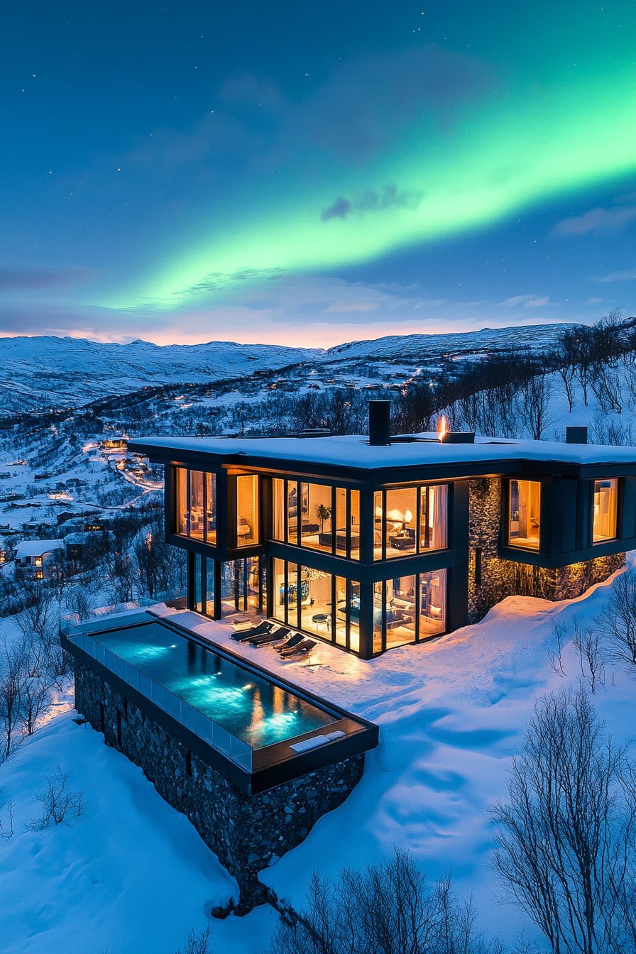 Snow-Covered Modern Homes with Beautiful Skies