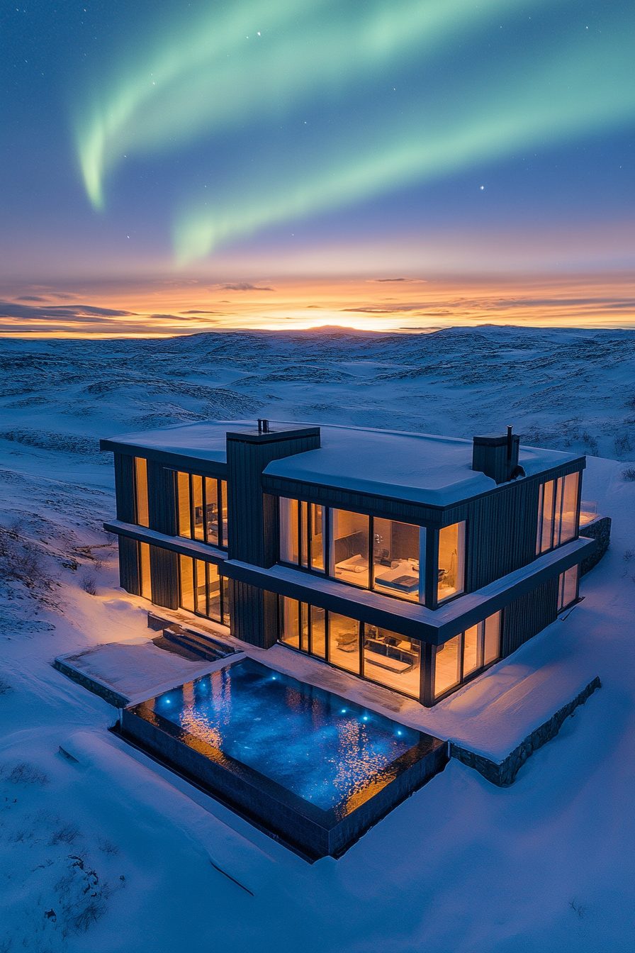 Snow-Covered Modern Homes with Beautiful Skies