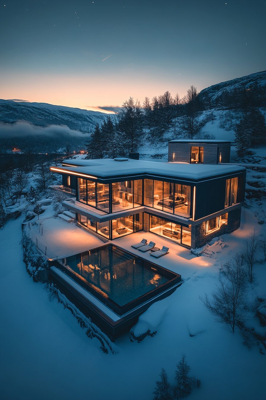 Snow-Covered Modern Homes with Beautiful Skies