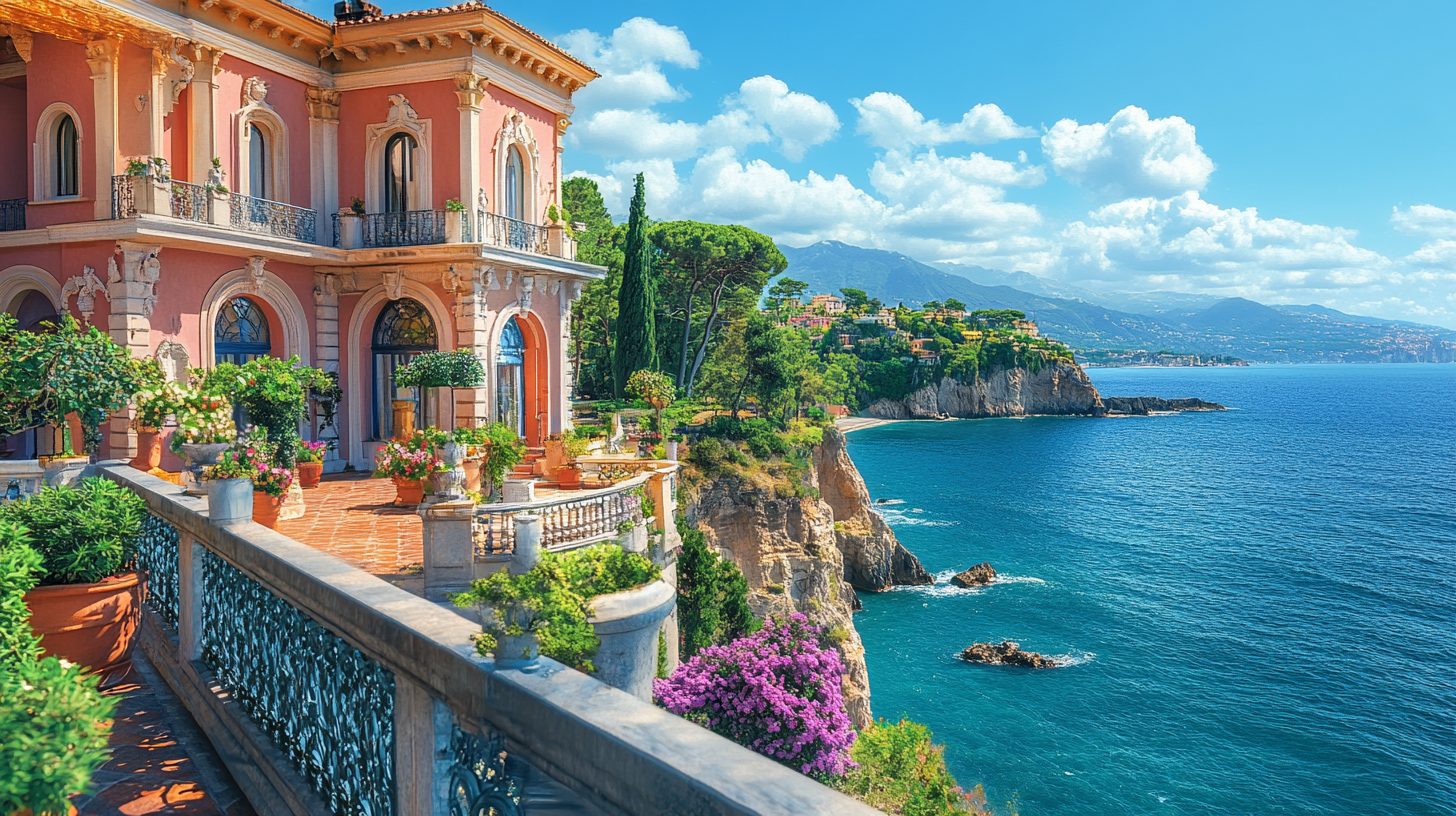 Terrace with a View of a Coastal Town