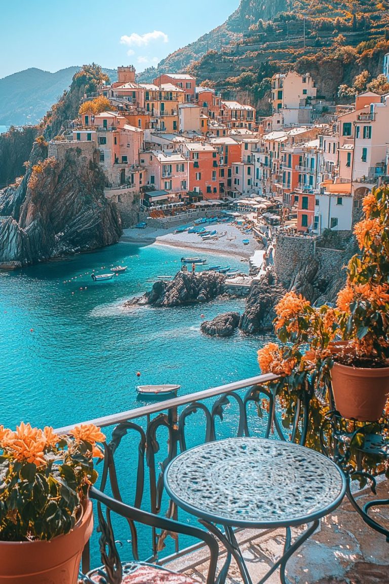 Terrace with a View of a Coastal Town