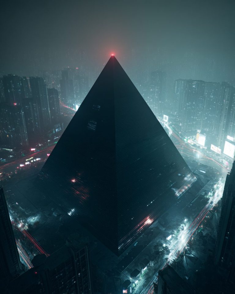 Futuristic Monolithic Pyramids within a City