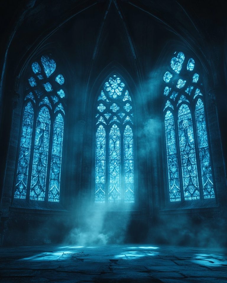 Gothic Building Interiors with Blue Neon Windows