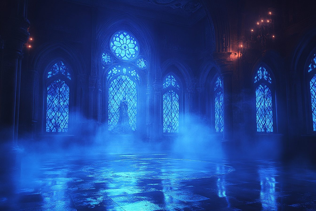 Gothic Building Interiors with Blue Neon Windows