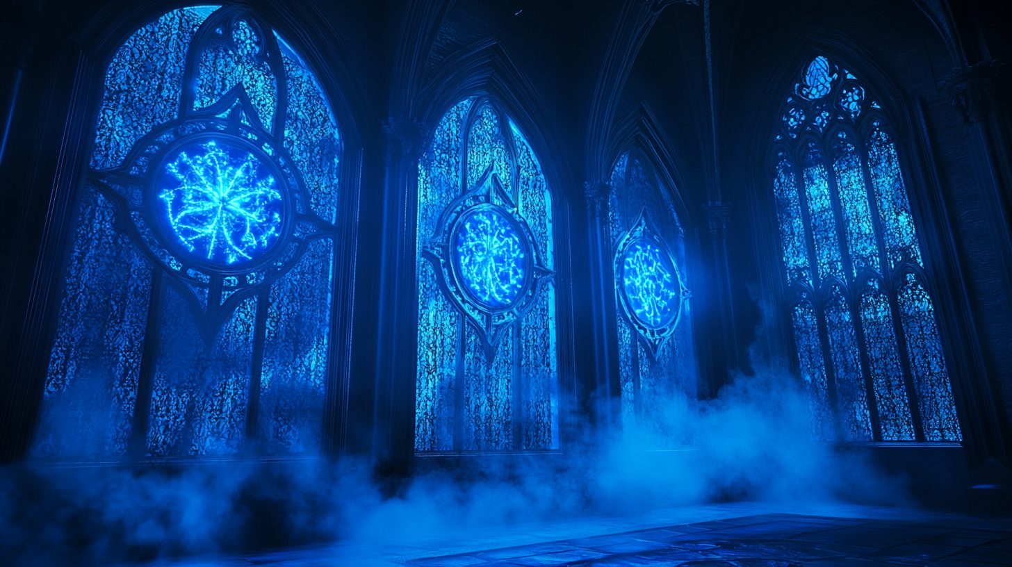 Gothic Building Interiors with Blue Neon Windows