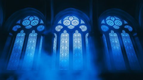Gothic Building Interiors with Blue Neon Windows