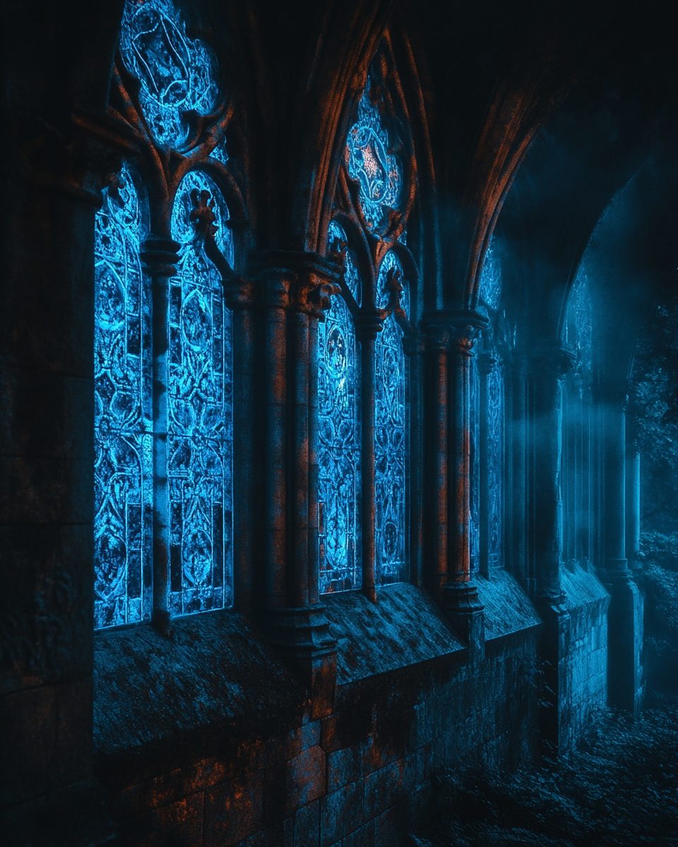 Gothic Building Interiors with Blue Neon Windows