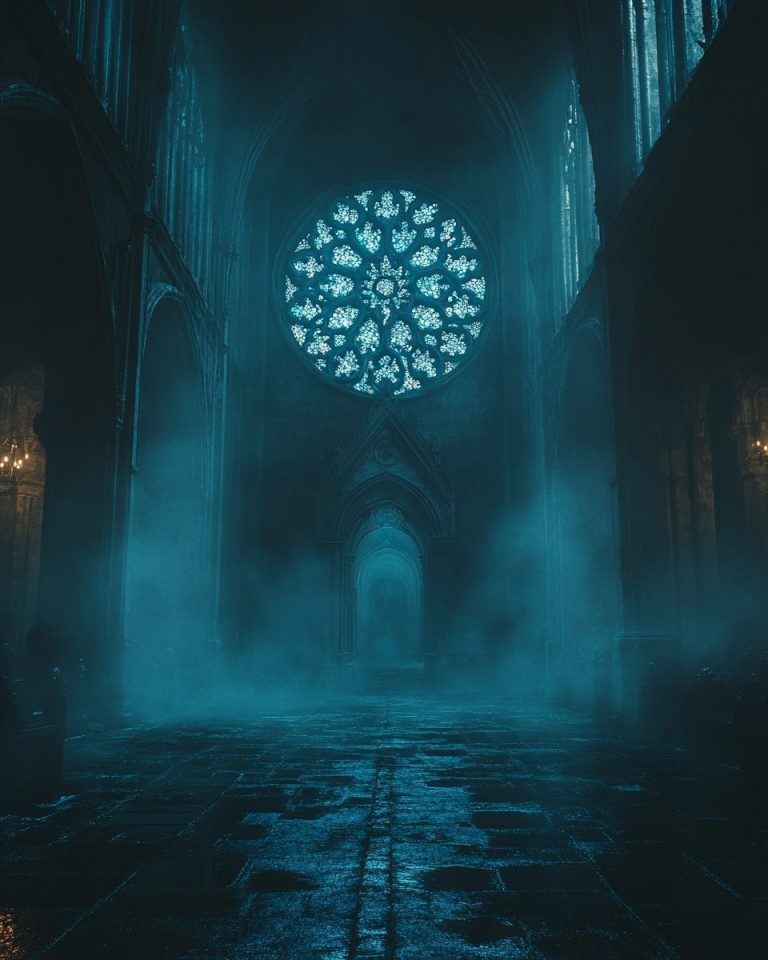 Gothic Building Interiors with Blue Neon Windows
