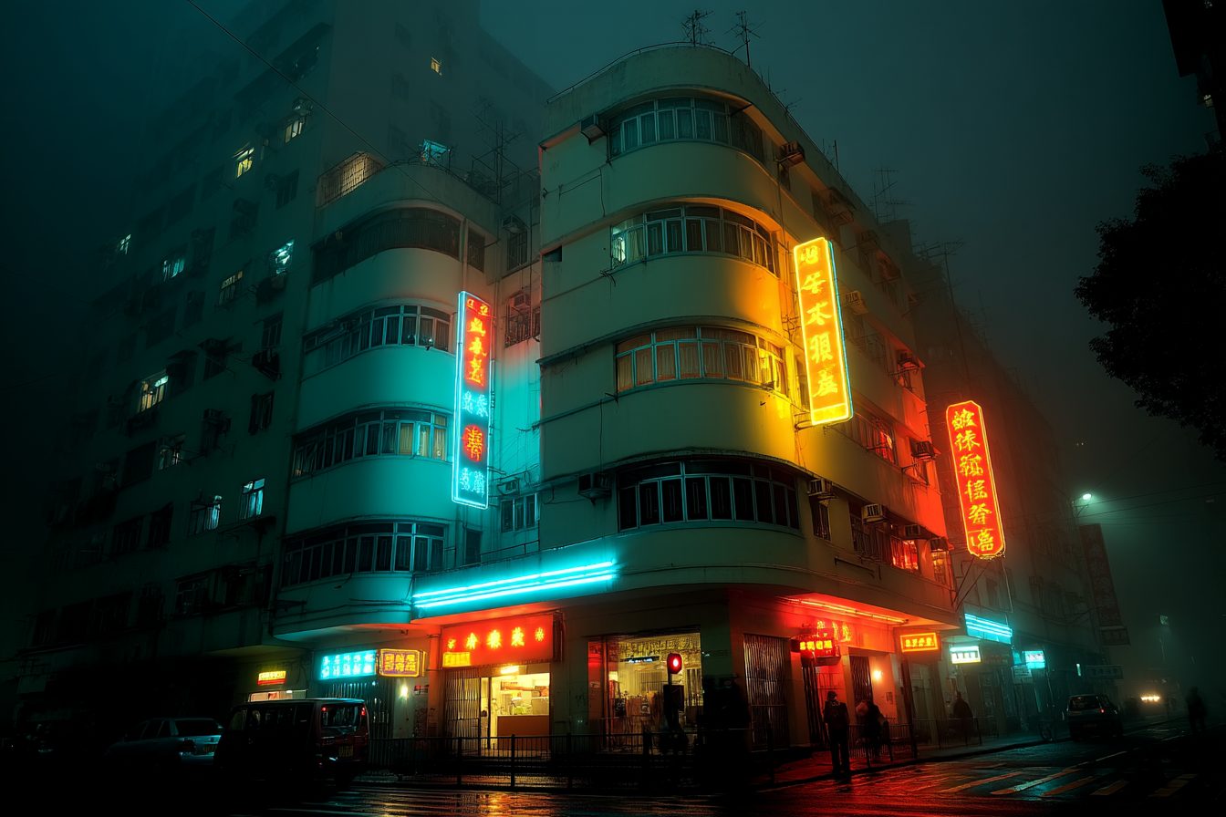 Retro Hong Kong Vibes Buildings with Neon Lights