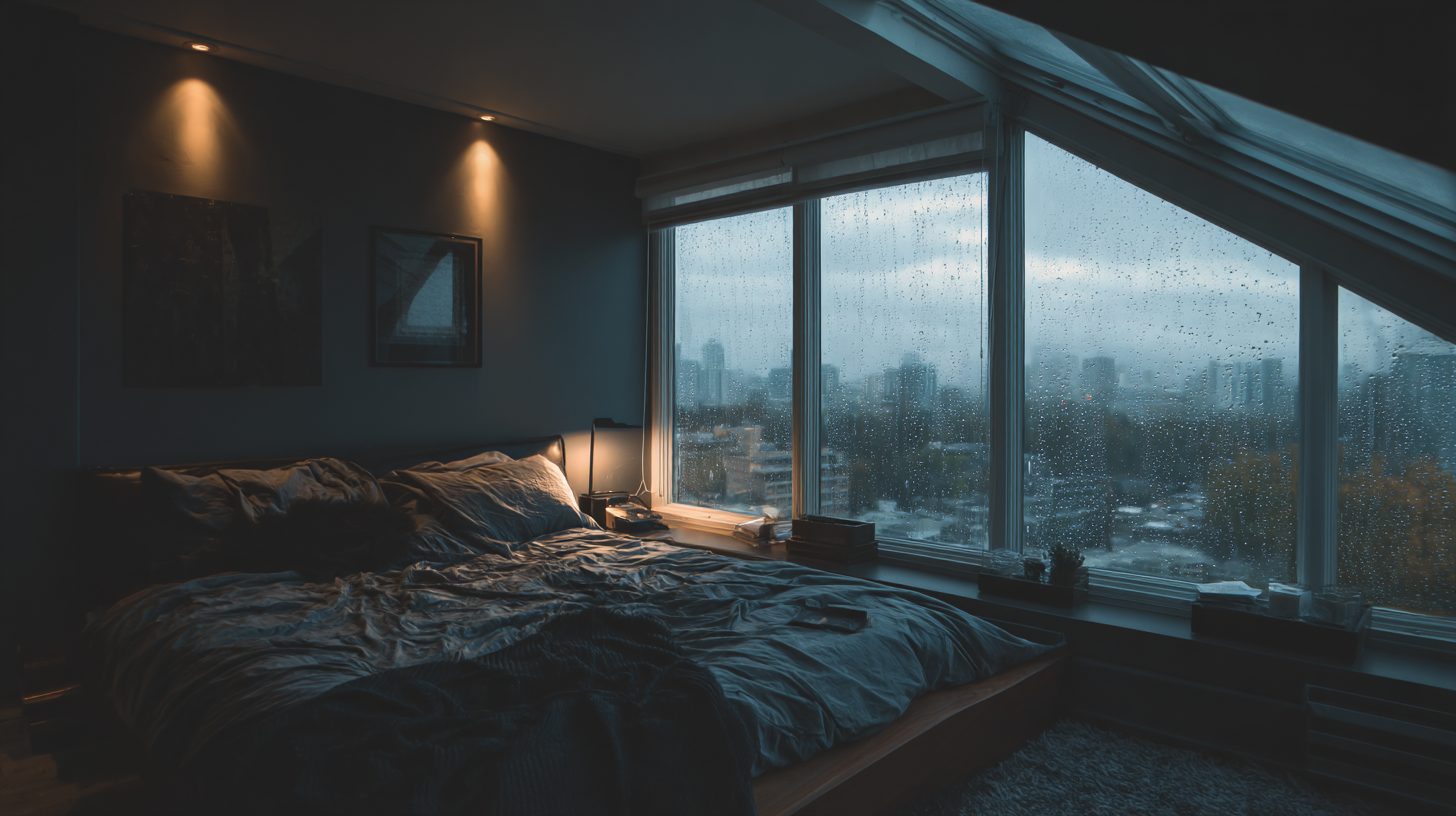 Bedroom with an Angled Window View of a Raining City