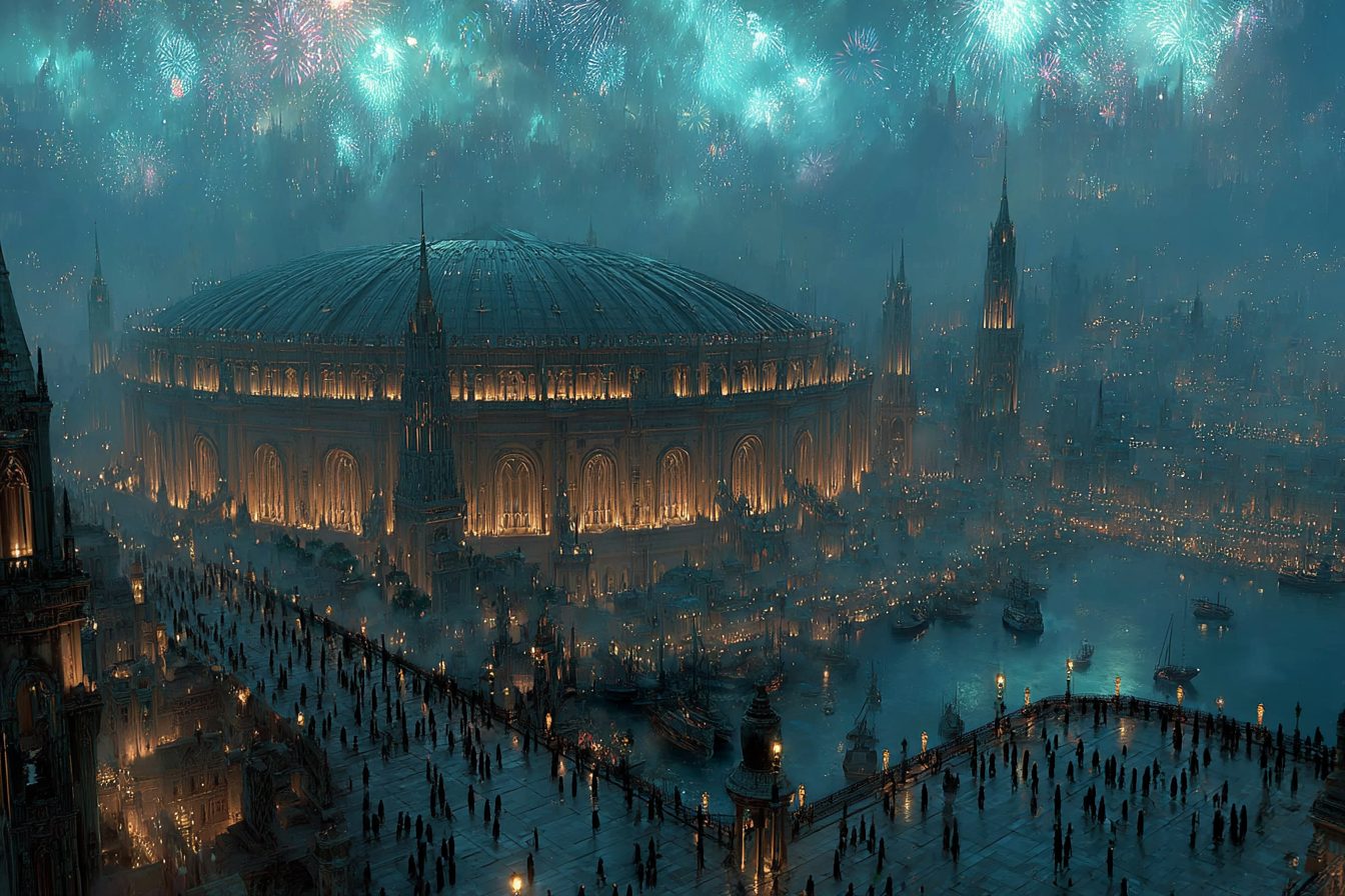 Futuristic Colosseum with Colorful Lights and Fireworks