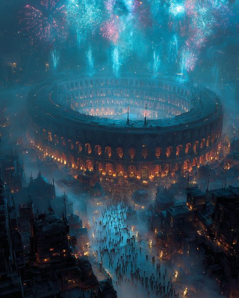 Futuristic Colosseum with Colorful Lights and Fireworks