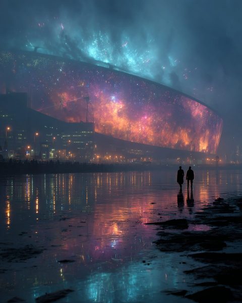 Futuristic Colosseum with Colorful Lights and Fireworks