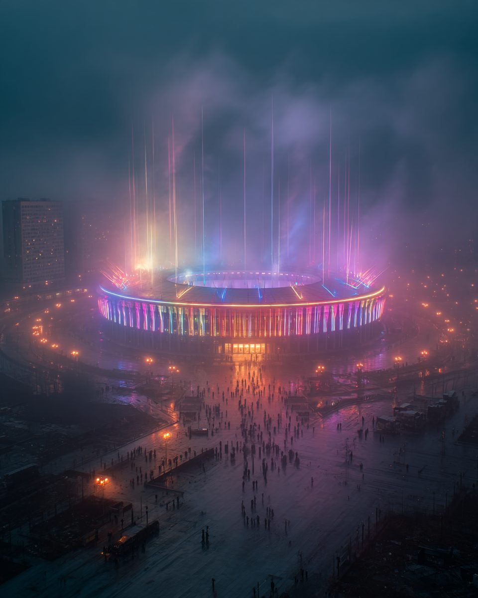 Futuristic Colosseum with Colorful Lights and Fireworks