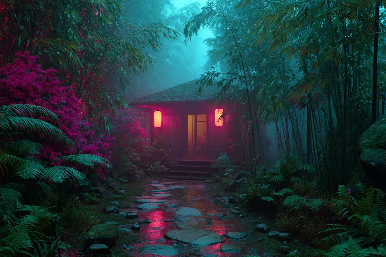 Neon Lanterns Houses within the Bamboo Forest