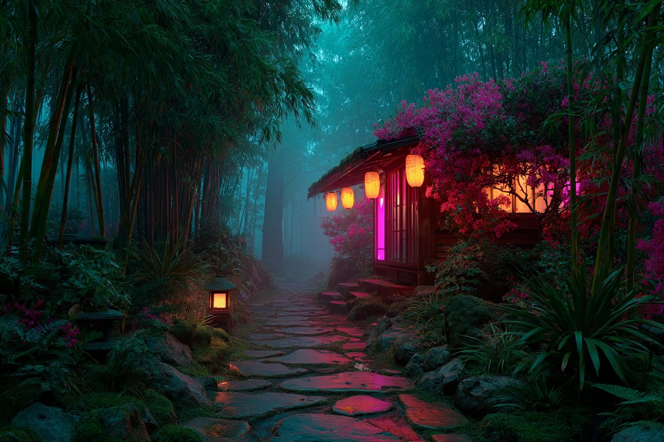 Neon Lanterns Houses within the Bamboo Forest