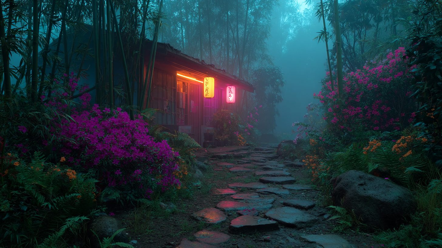 Neon Lanterns Houses within the Bamboo Forest