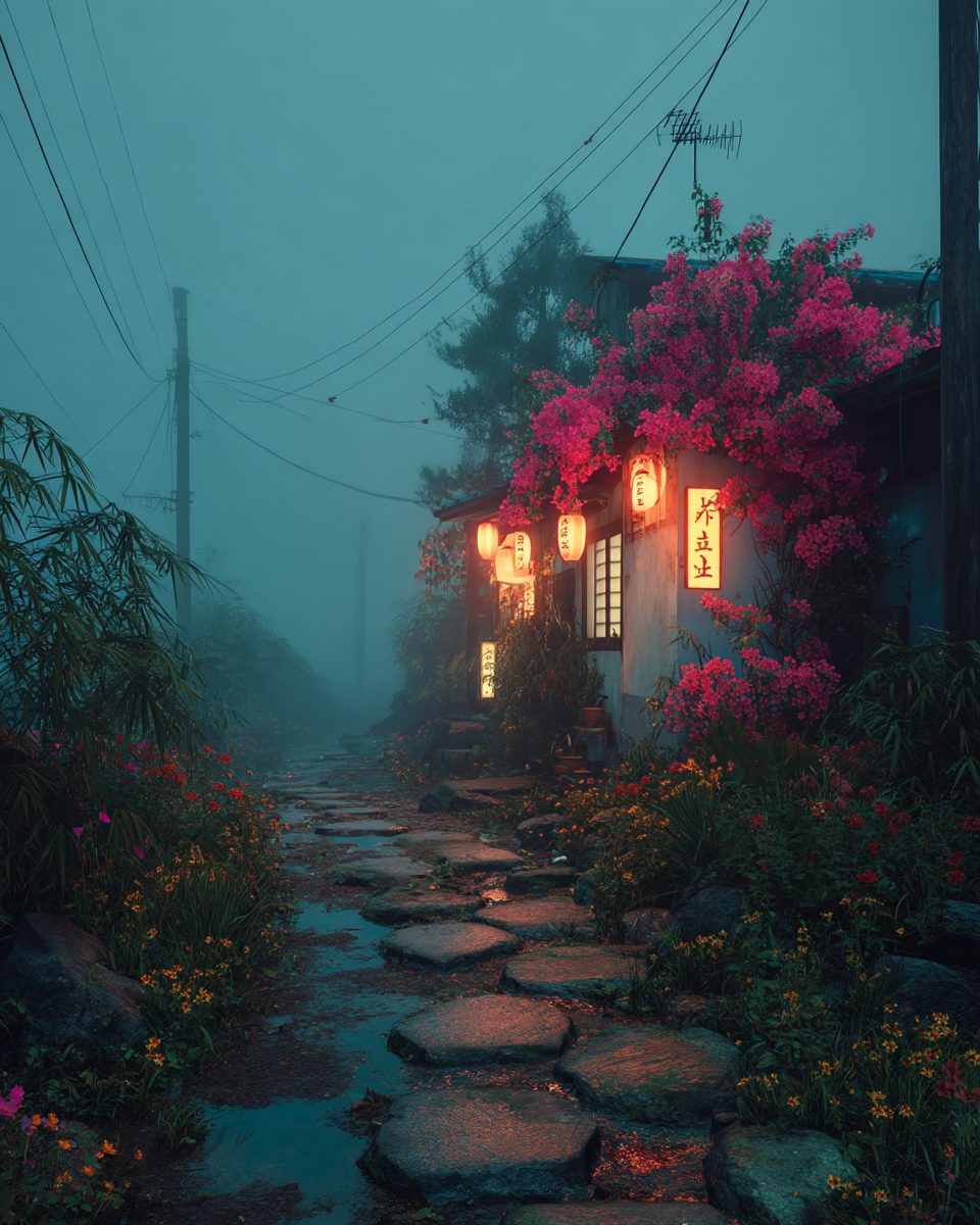 Neon Lanterns Houses within the Bamboo Forest