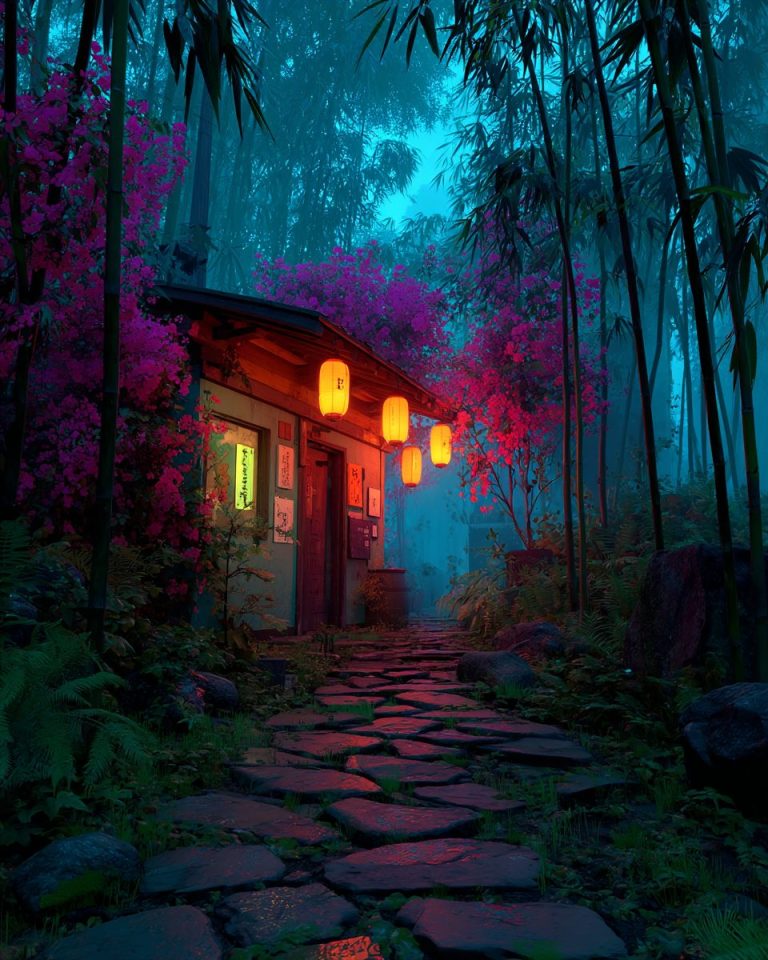 Neon Lanterns Houses within the Bamboo Forest