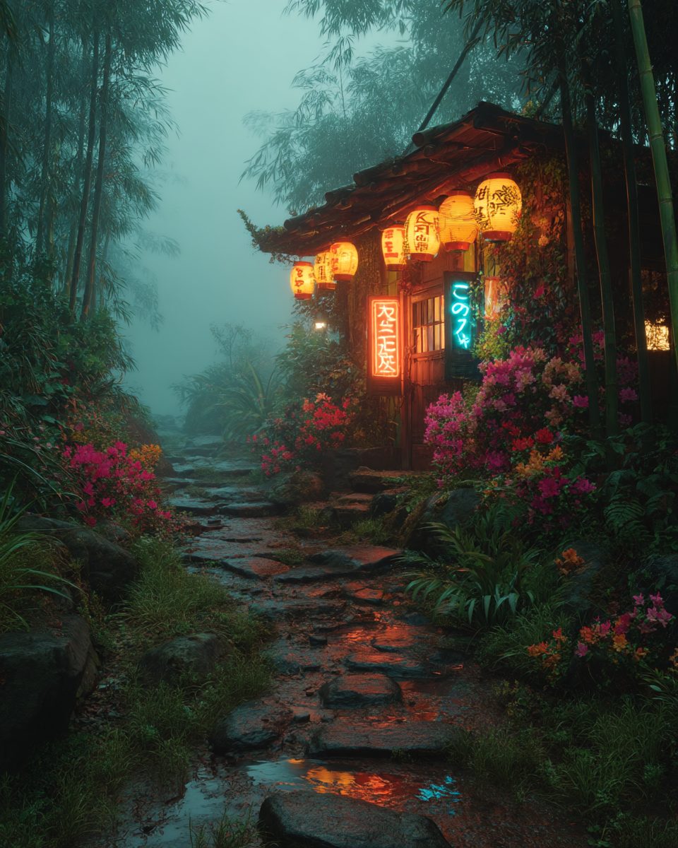 Neon Lanterns Houses within the Bamboo Forest