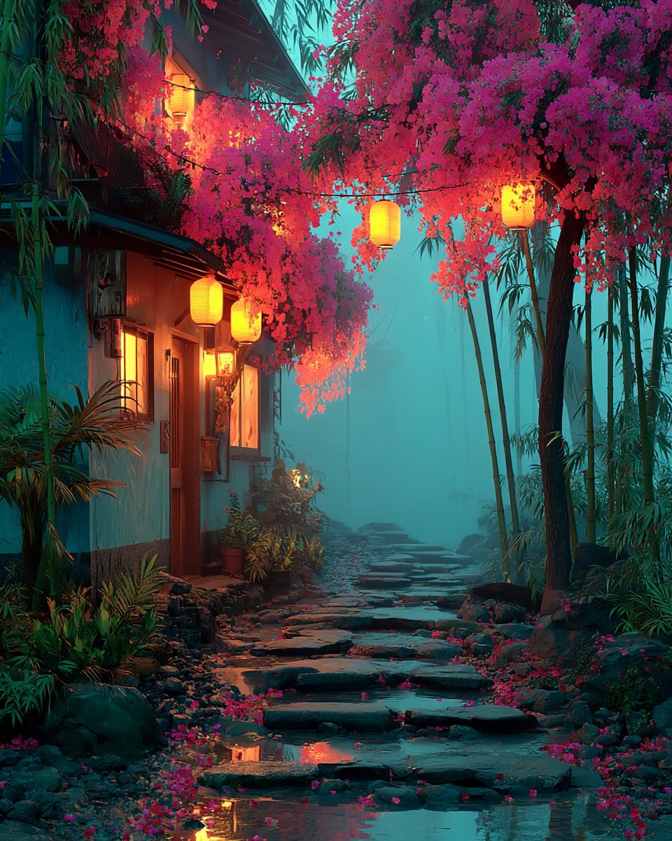 Neon Lanterns Houses within the Bamboo Forest