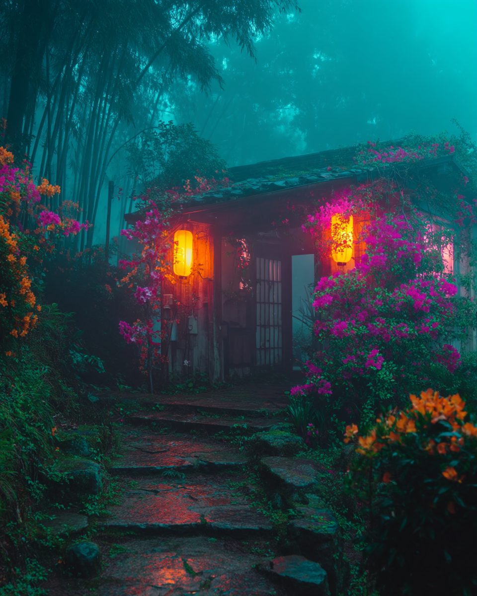Neon Lanterns Houses within the Bamboo Forest