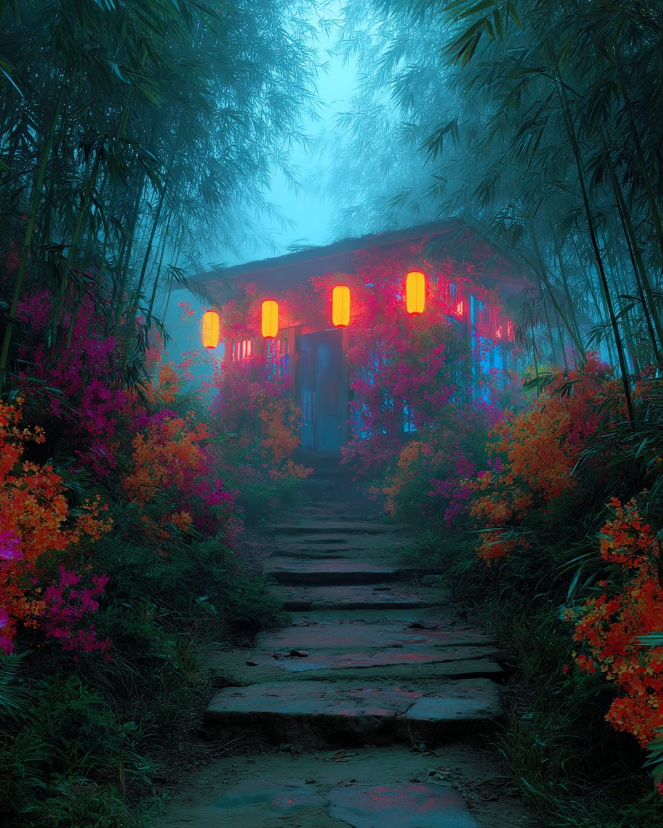 Neon Lanterns Houses within the Bamboo Forest
