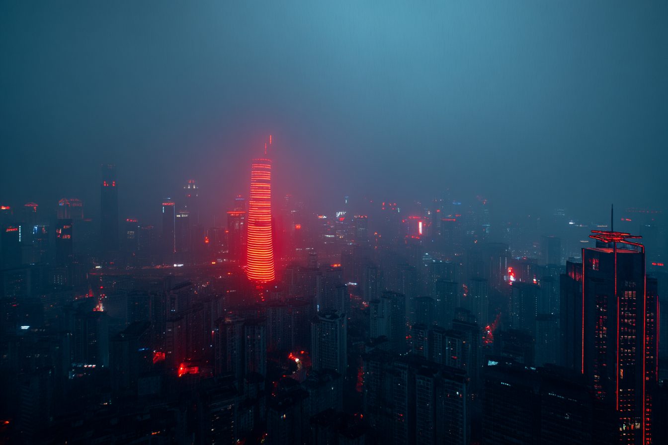Skyscrapers with Ominous Neon Lights