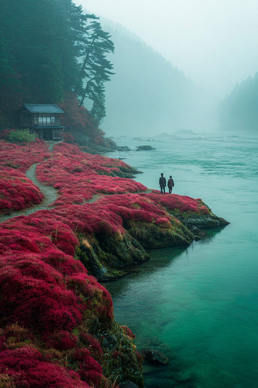 The Red Moss River Village of Japan