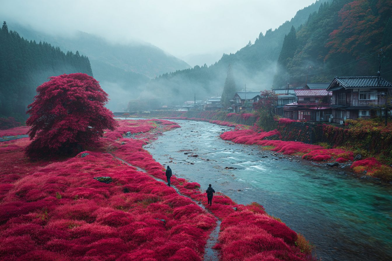 The Red Moss River Village of Japan