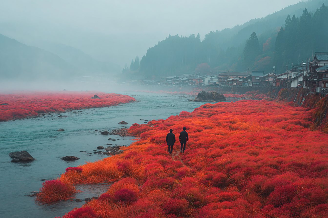 The Red Moss River Village of Japan