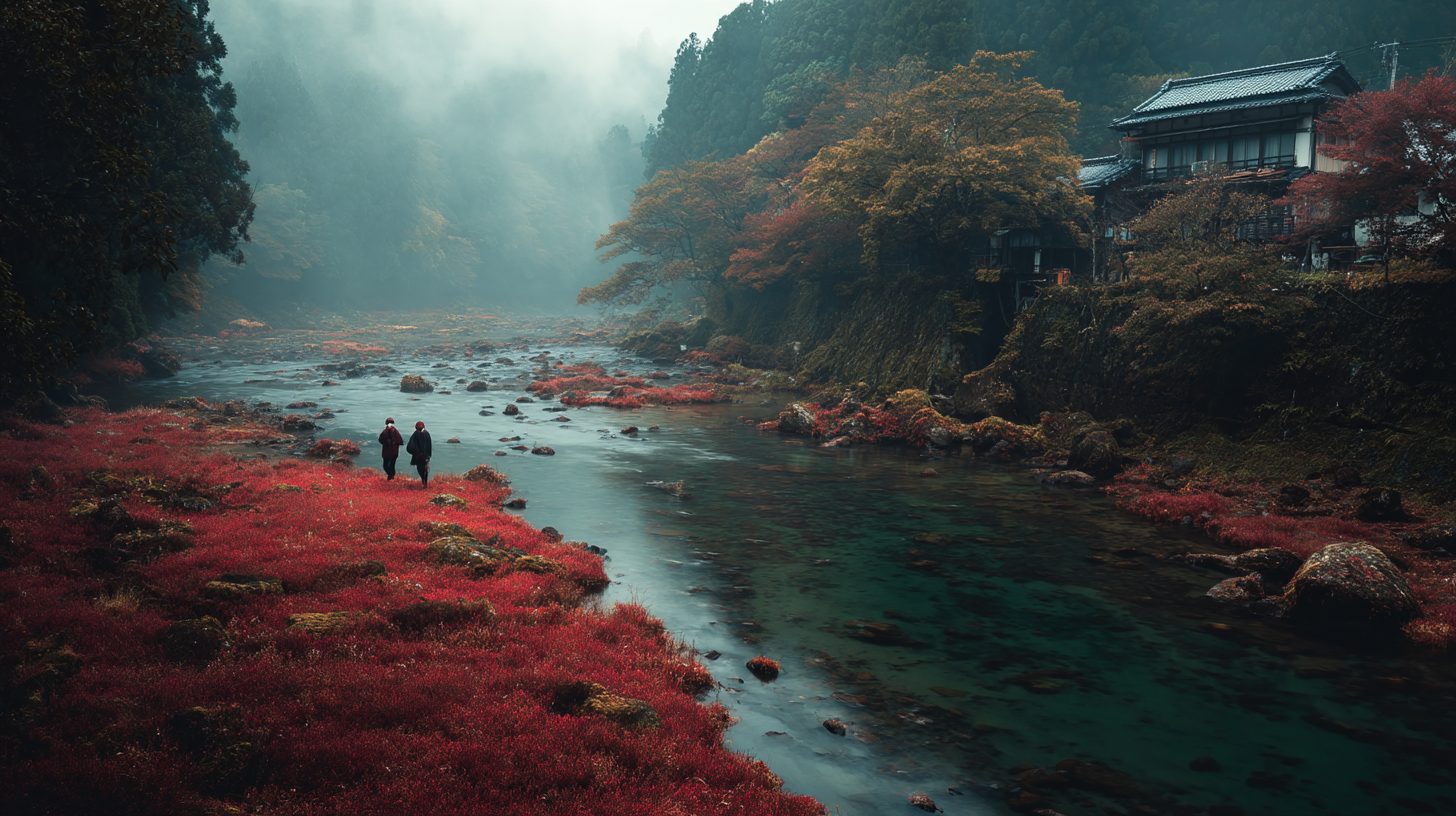 The Red Moss River Village of Japan
