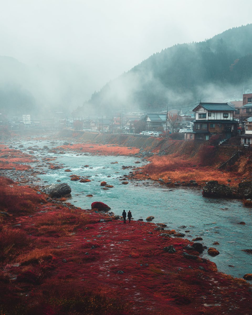 The Red Moss River Village of Japan